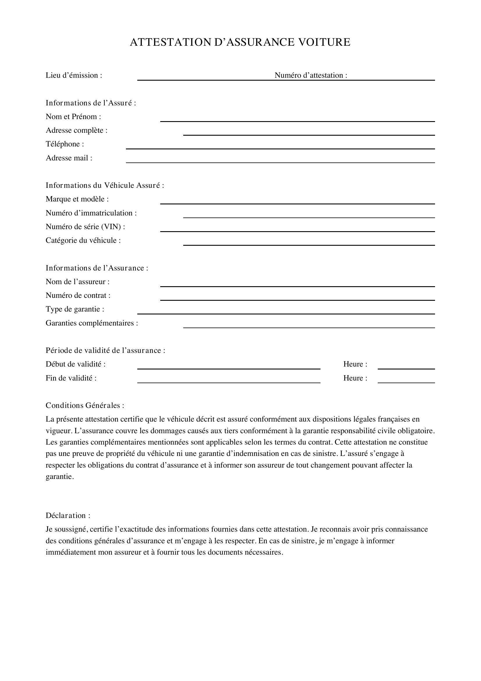 Attestation D'Assurance Voiture Vierge
