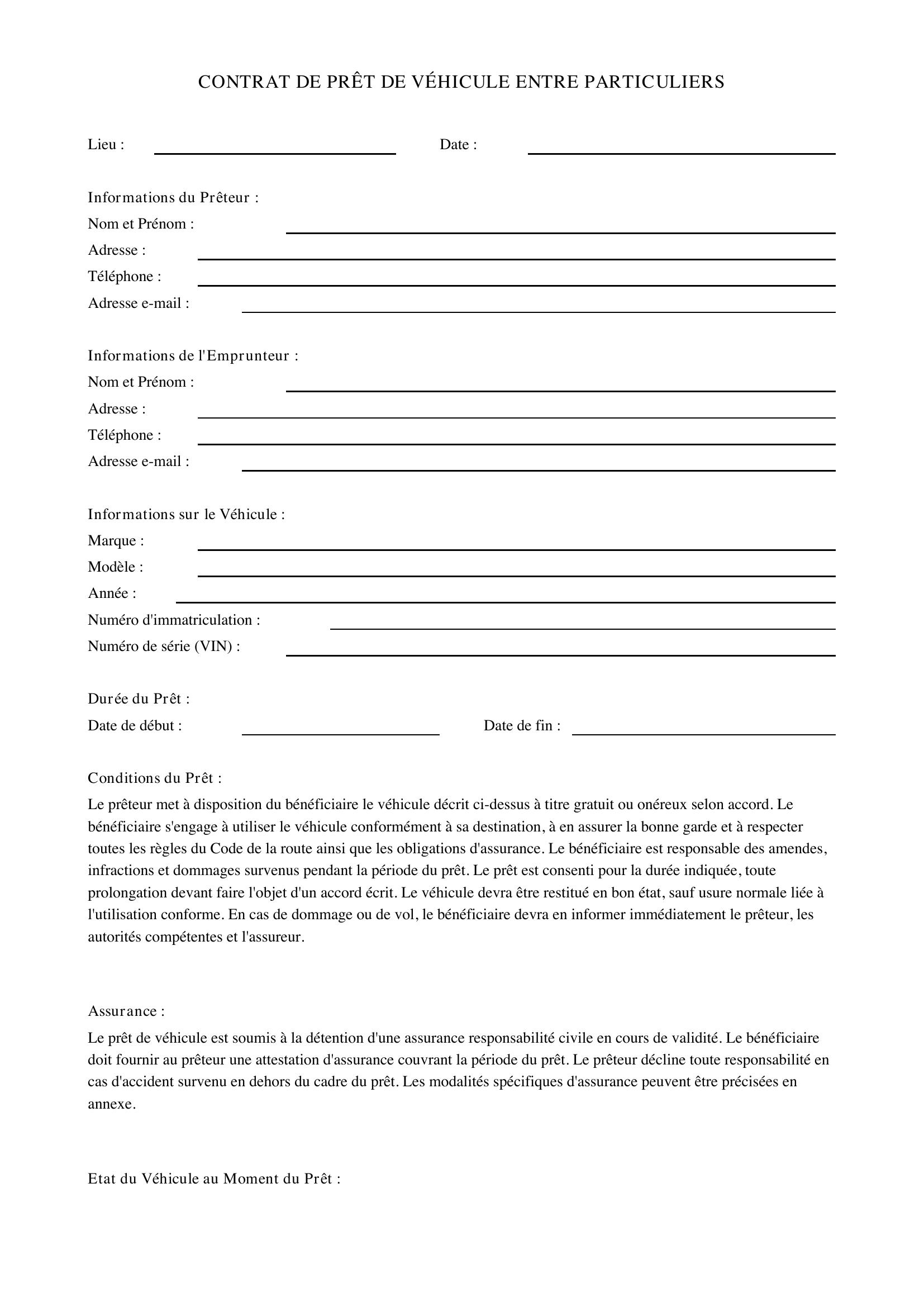 Modele Contrat De Pret De Vehicule Gratuit